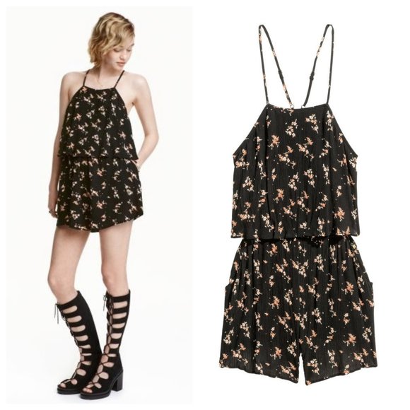H&M | Pants & Jumpsuits | Hm Black Floral Tiered Draped Top Romper ...